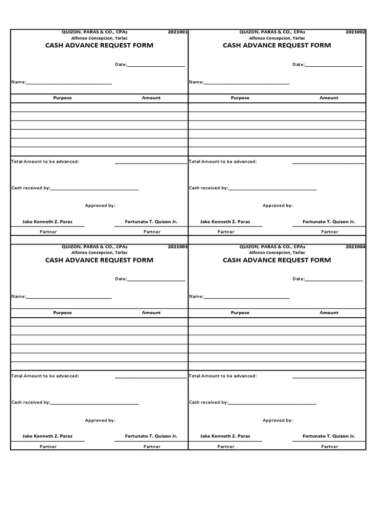 Cash Advance Request Form Template | PDF
