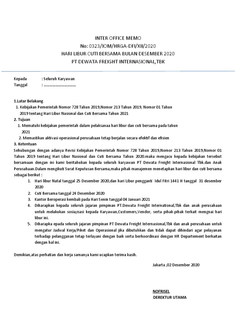 Internal Memo Libur Dan Cuti Bersama 2021 | PDF