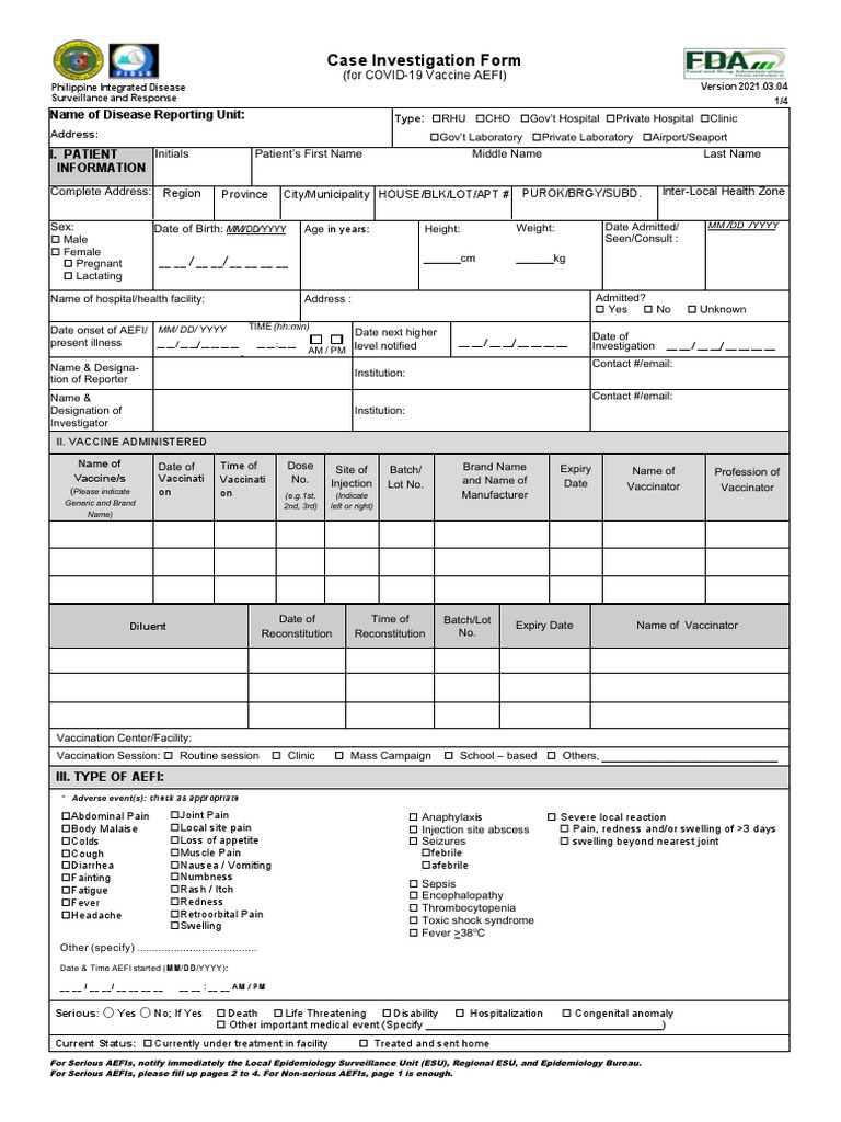 Case Investigation Form: Name of Disease Reporting Unit: I. Patient ...