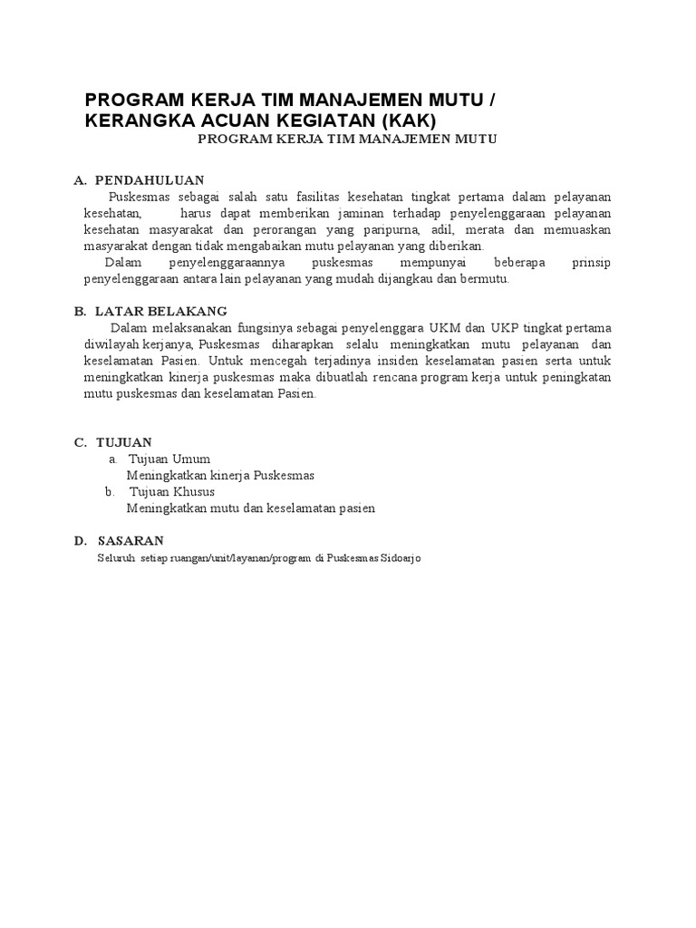 Program Kerja Tim Manajemen Mutu | PDF