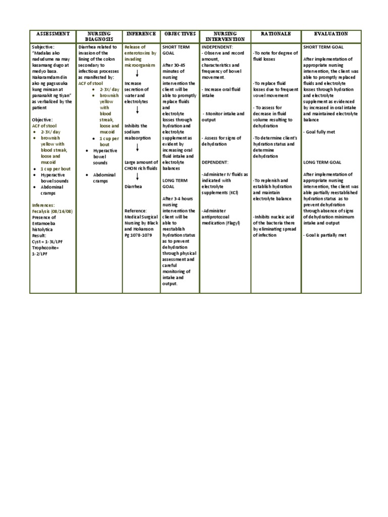 Assessment Nursing Diagnosis Inference Objectives Nursing Intervention Rationale Evaluation ...