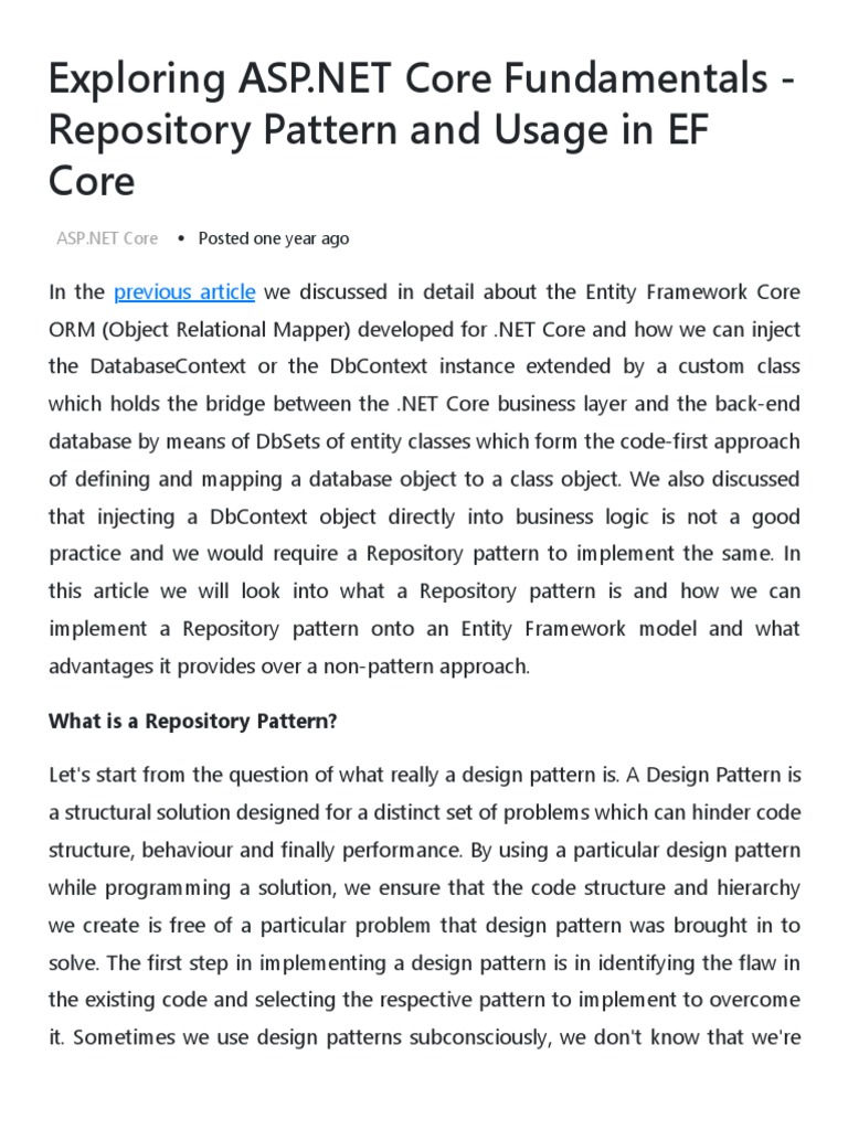 Implementing Repository Pattern in EF Core | PDF | Object (Computer Science) | Entity Framework