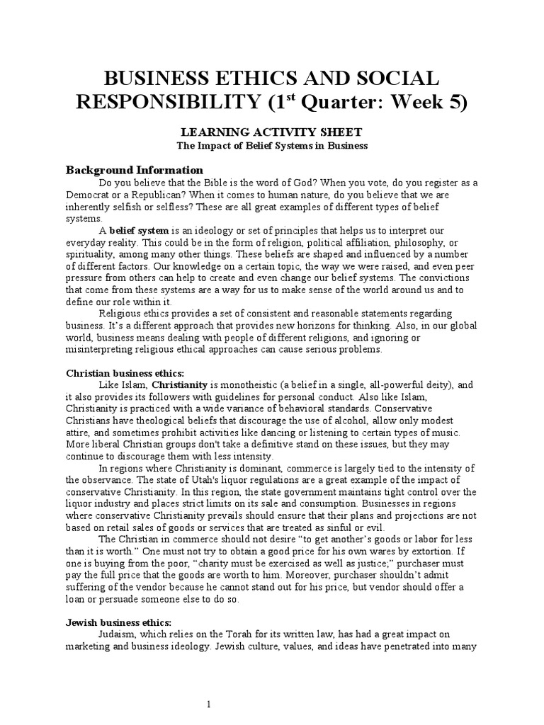 Business Ethics and Social Responsibility (1 Quarter: Week 5) | PDF ...