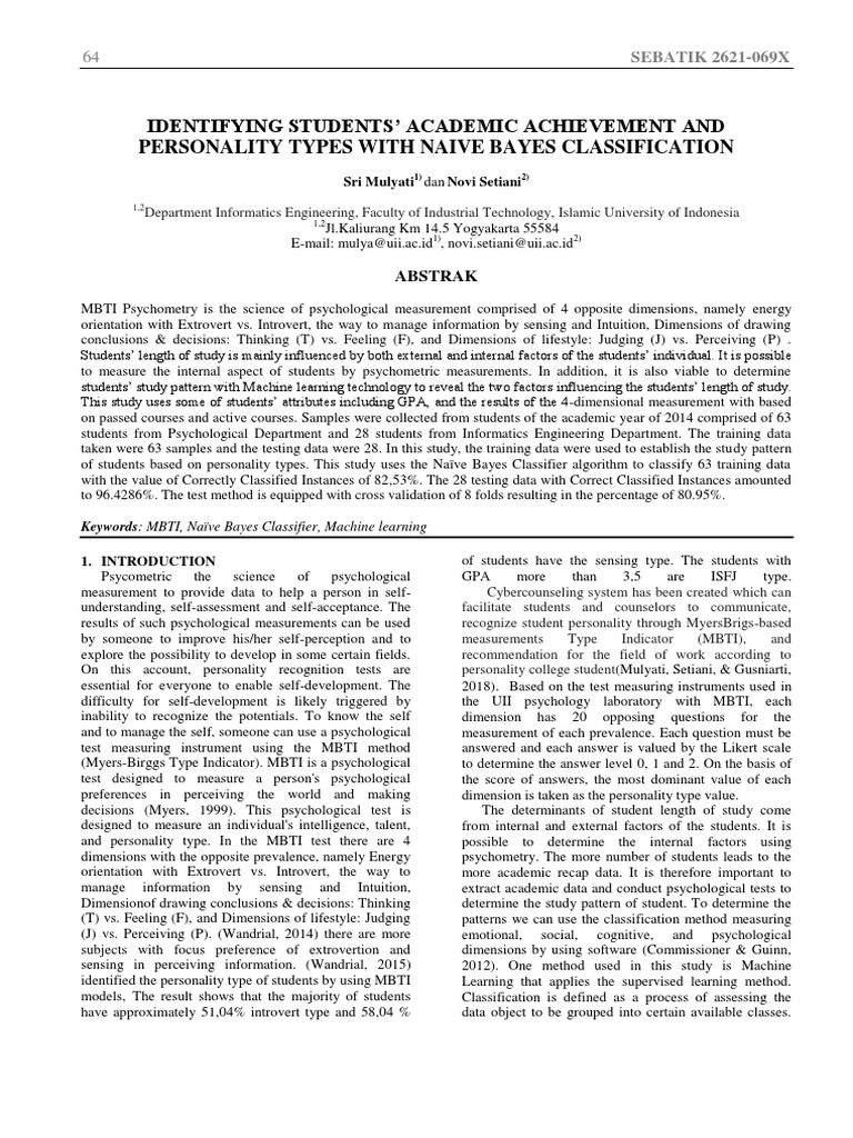 Identifying Students' Academic Achievement and Personality Types With Naive Bayes Classification ...