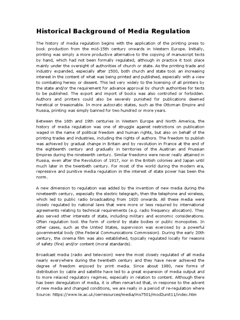 Historical Background of Media Regulation | PDF | Media (Communication ...
