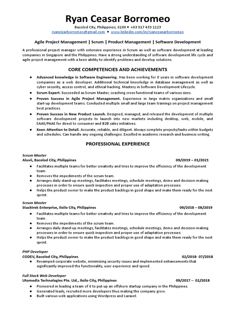 CV - Ryan Ceasar Borromeo-04052021 | PDF | Scrum (Software Development) | Agile Software Development