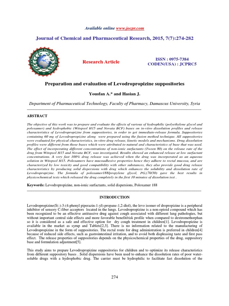 Journal of Chemical and Pharmaceutical Research, 2015, 7 (7) :274-282 | PDF | Polyethylene ...