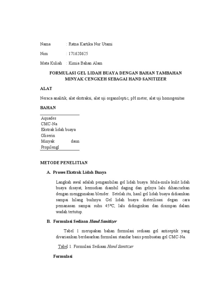 Formulasi Gel Lidah Buaya Dengan Bahan Tambahan Minyak Cengkeh Sebagai ...
