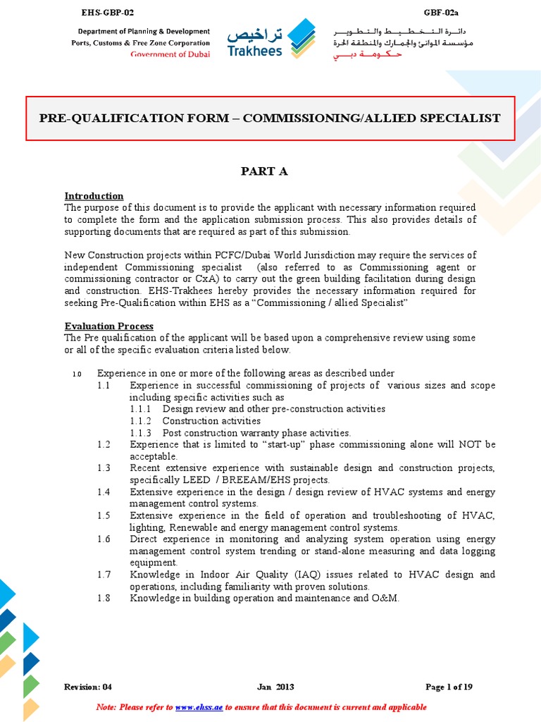 Pre-Qualification Form - Commissioning/Allied Specialist: Part A | PDF ...