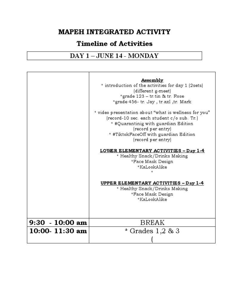 Mapeh Integrated Activity Timeline of Activities Day 1 - June 14 ...