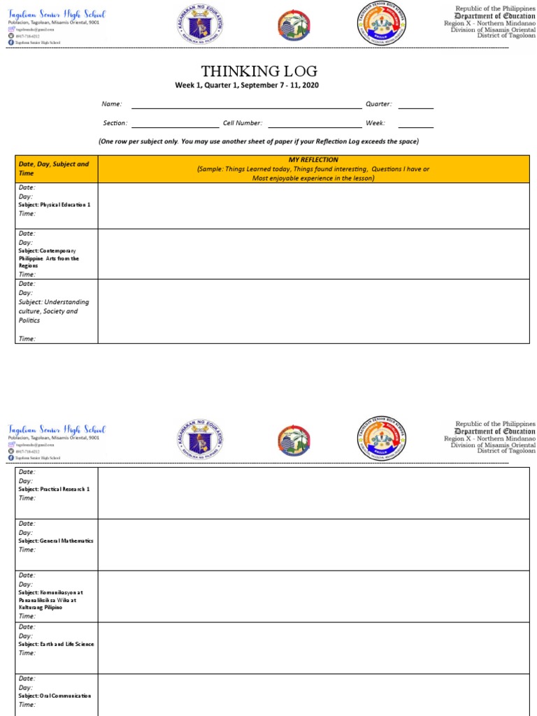 Thinking Log: Week 1, Quarter 1, September 7 - 11, 2020 | Download Free ...
