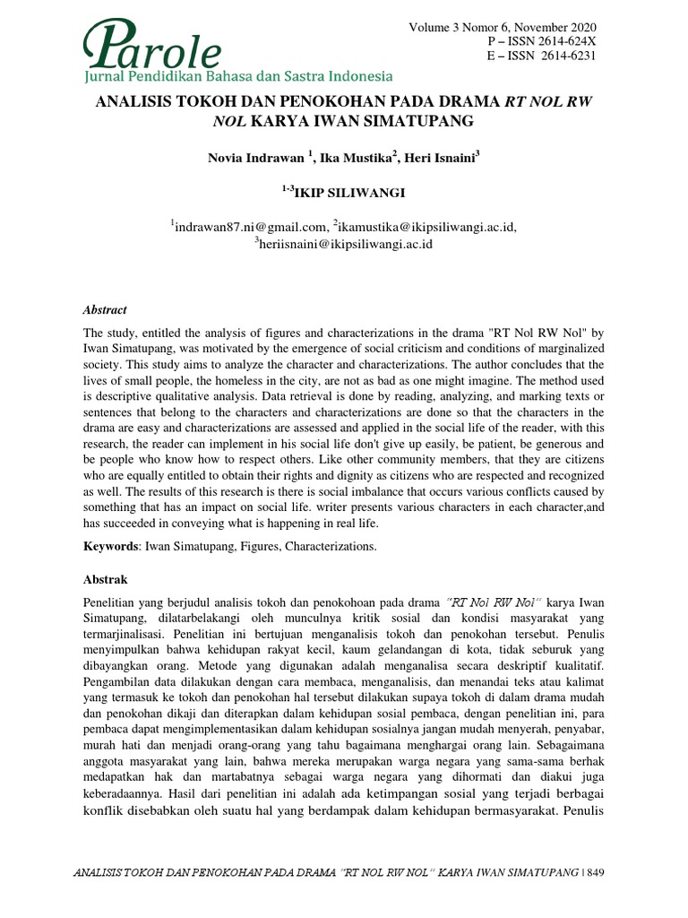 Analisis Tokoh Dan Penokohan Pada Drama RT Nol RW Nol Karya Iwan ...