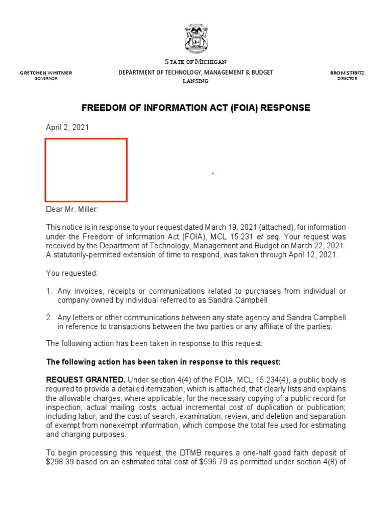 Michigan FOIA Request Response | PDF | Freedom Of Information Act ...