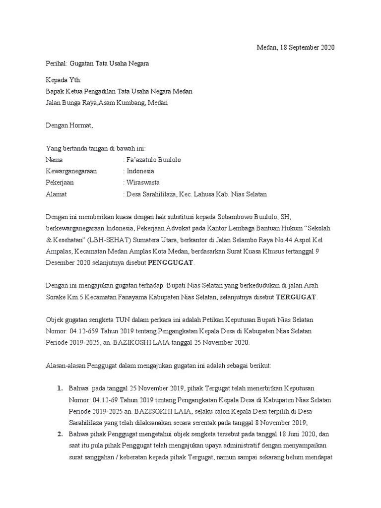 Surat Gugatan Tun Dengan Prodeo Dan Penundaan Pelaksanaan Ktun | PDF