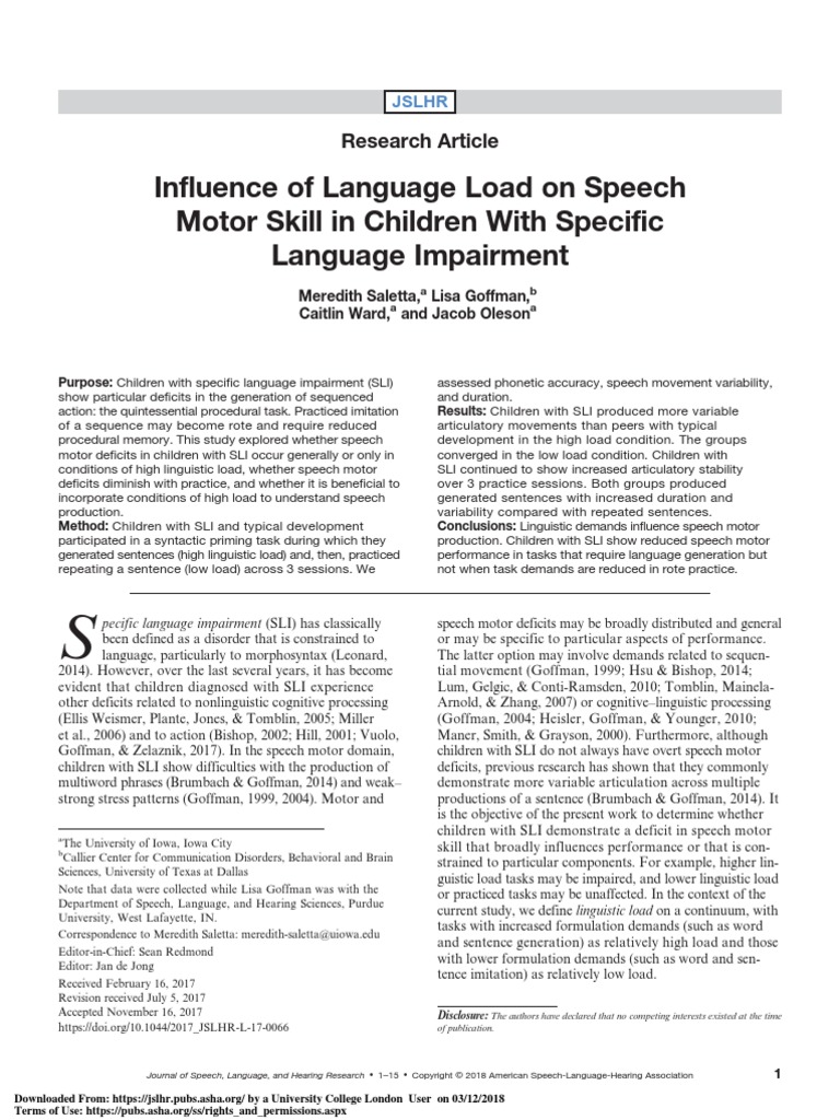 Influence of Language Load On Speech Motor Skill in Children With Specific Language Impairment ...