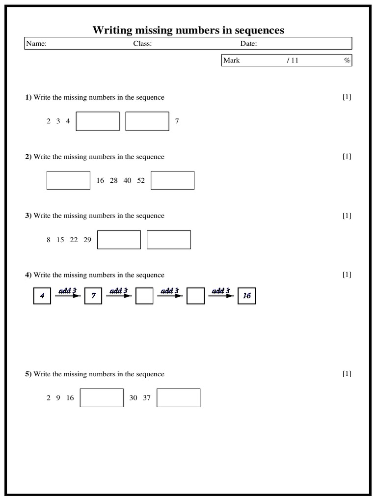 Missing Numbers in Sequences Worksheet | PDF | Teaching Methods & Materials