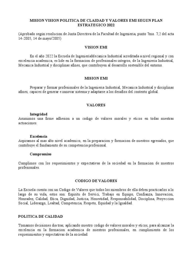 Mision Vision Politica de Claidad y Valores Emi Segun Plan ...