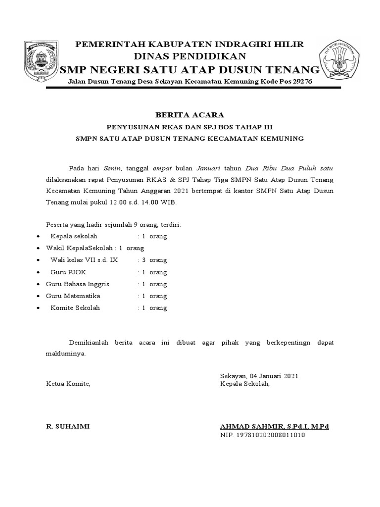Berita Acara Penyusunan Rkas Dan SPJ Bos | PDF