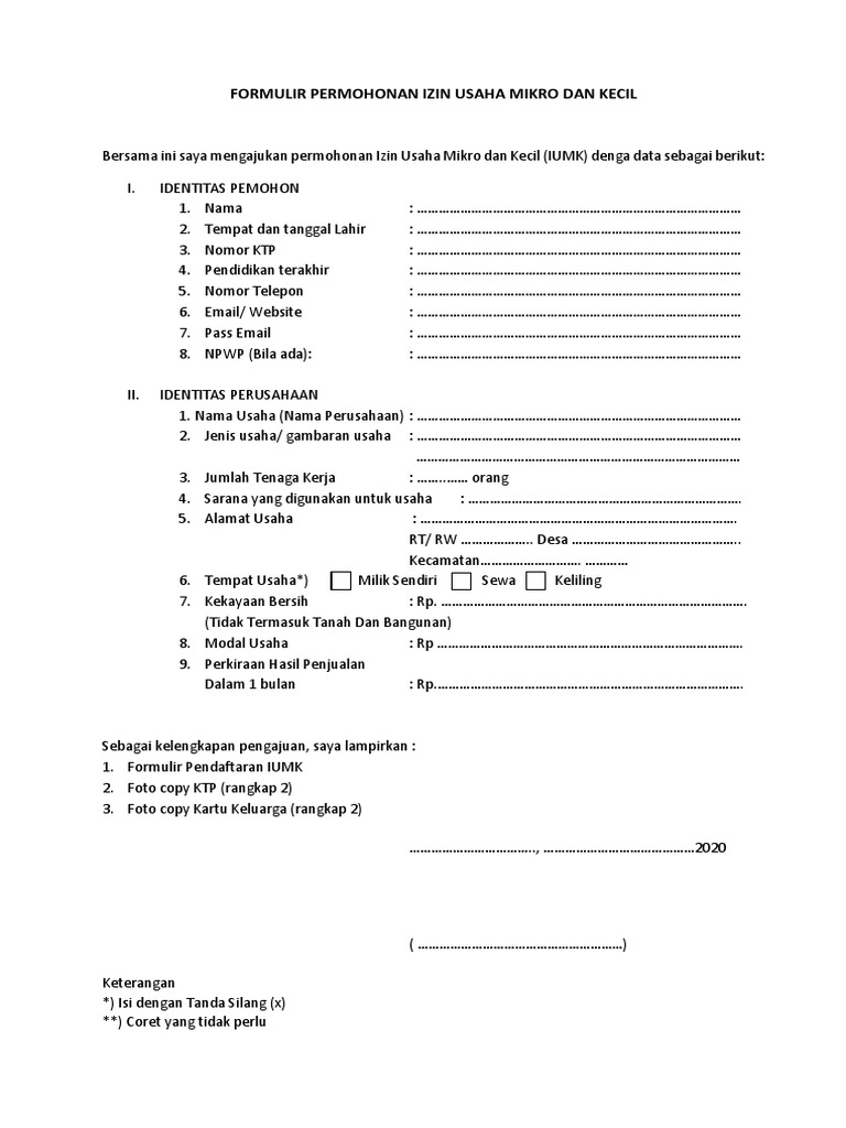 Formulir Permohonan Izin Usaha Mikro Dan Kecil | PDF