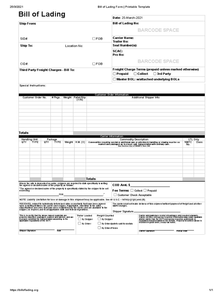 Bill of Lading Form - Printable Template | PDF | Cargo | Bill Of Lading
