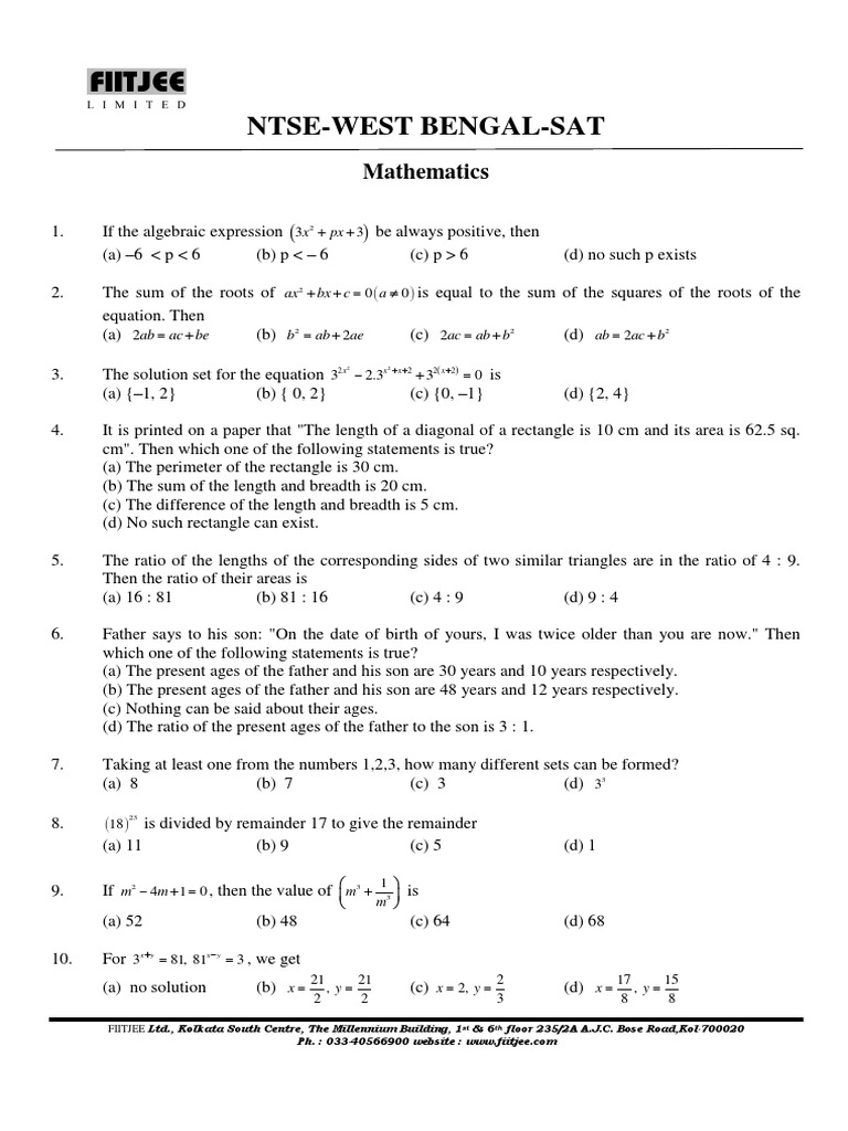 QP - West Bengal - Ntse Stage 1 2020-21 - Sat | PDF | Refraction | Monopoly