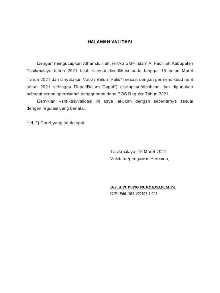 Lembar Validasi Rkas 2021 | PDF