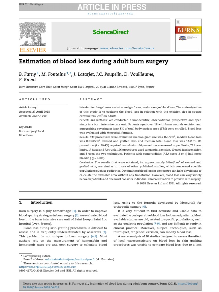 Estimation of Blood Loss During Adult Burn Surgery: Sciencedirect | PDF ...