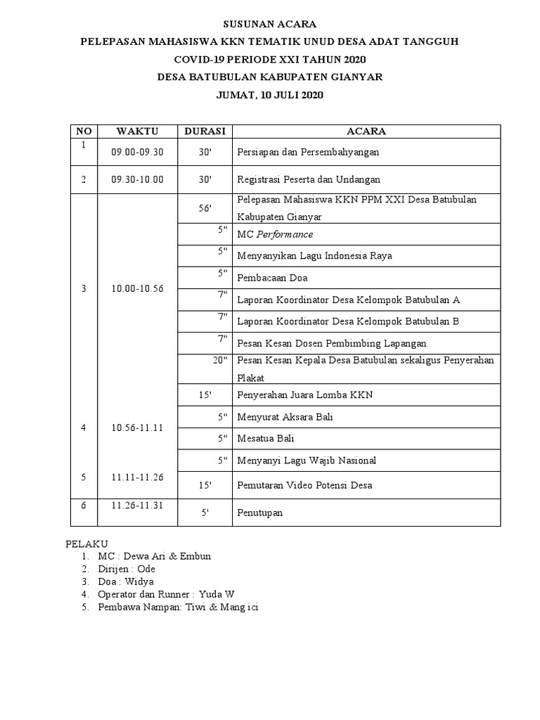 Rundown Pelepasan Mahasiswa KKN 2020 | PDF