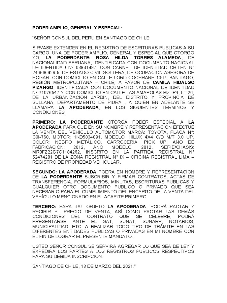 Poder Amplio General Y Especial Venta De Vehículo Santiago De Chile Pdf