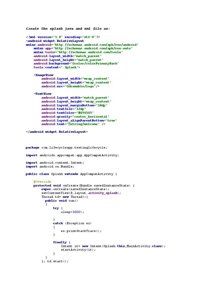 Create The Splash Java and XML File As:: Android App Tools Android ...