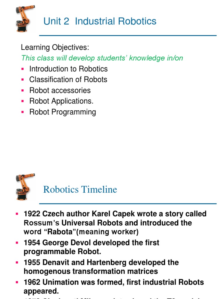 Unit 2 Industrial Robotics: Learning Objectives | PDF | Robotics | Robot