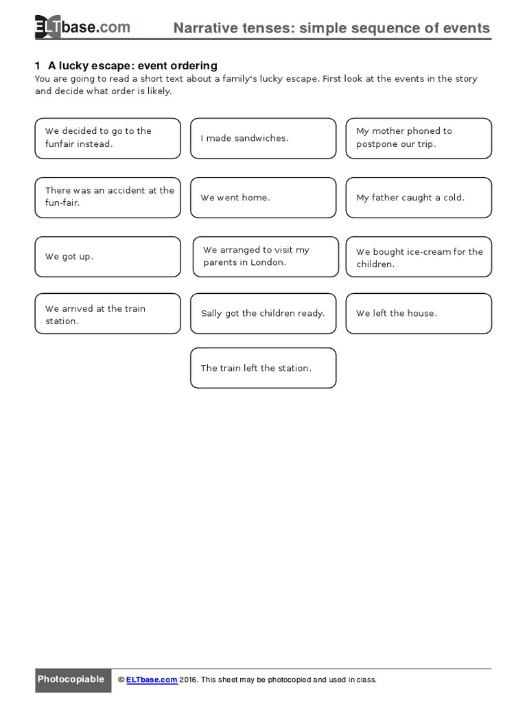 Narrative Tenses: Simple Sequence of Events: 1 A Lucky Escape: Event ...