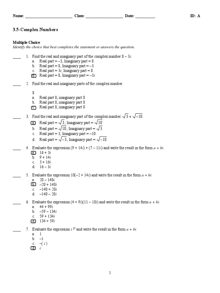 3.5-Complex Numbers: Identify The Choice That Best Completes The ...
