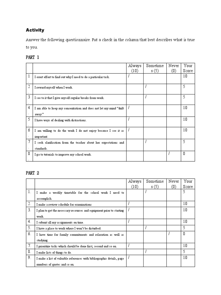 Study Habits Questionnaire | PDF | Essays | Motivation
