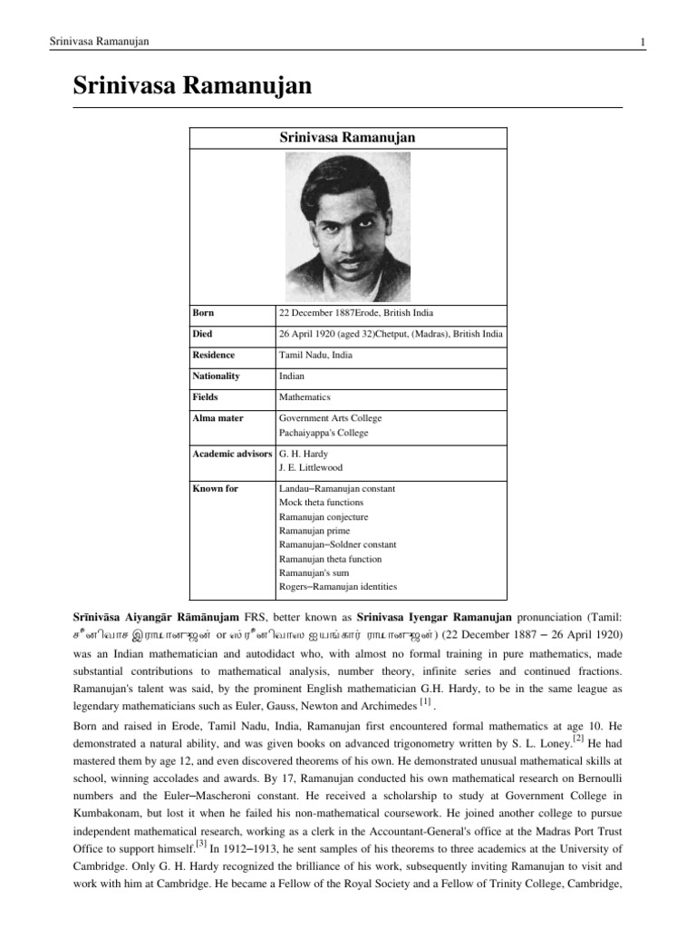 Srinivasa Ramanujan Biography