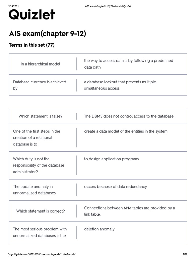 AIS Exam (Chapter 9-12) Flashcards - Quizlet | Download Free PDF | Databases | Relational Model