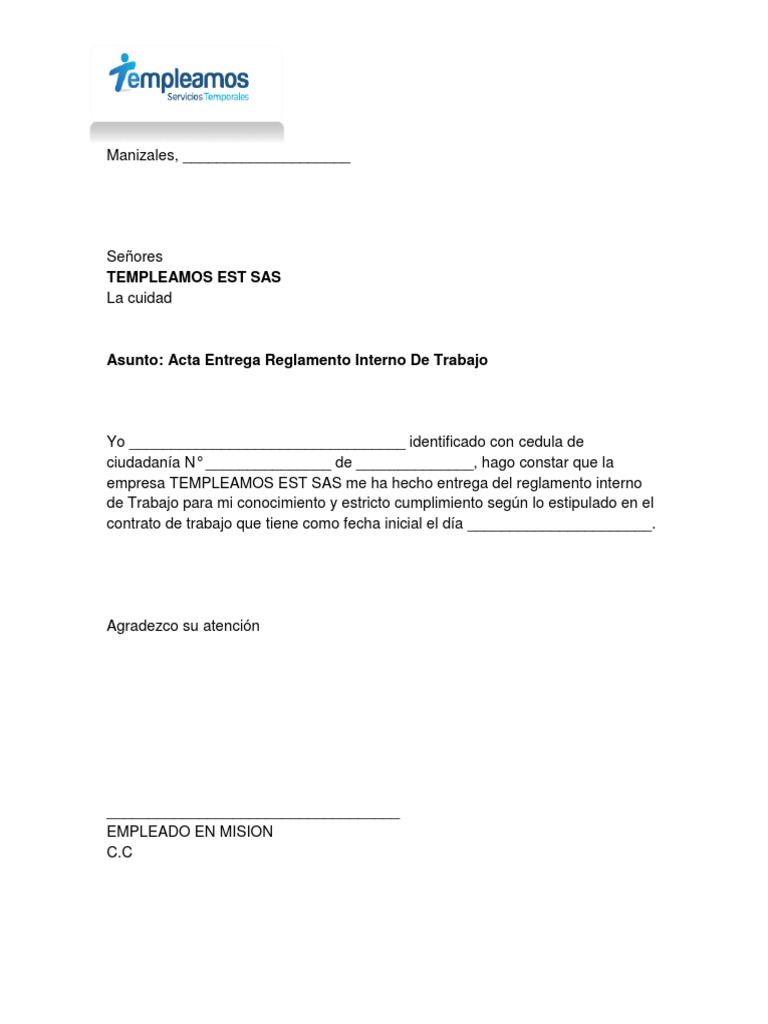 6 - Acta Entrega Reglamento Interno de Trabajo | PDF | Finanzas y dinero