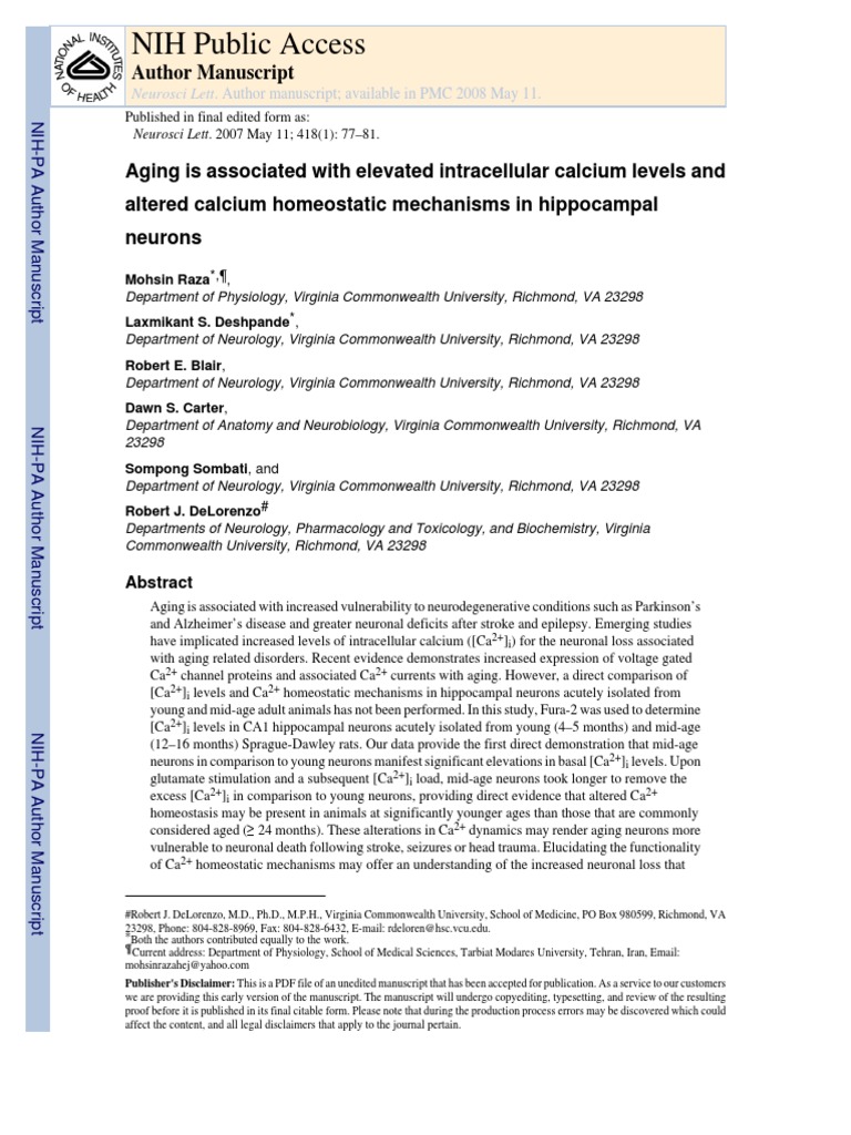Elevated Intracellular Calcium Levels | PDF | Calcium In Biology | Ageing