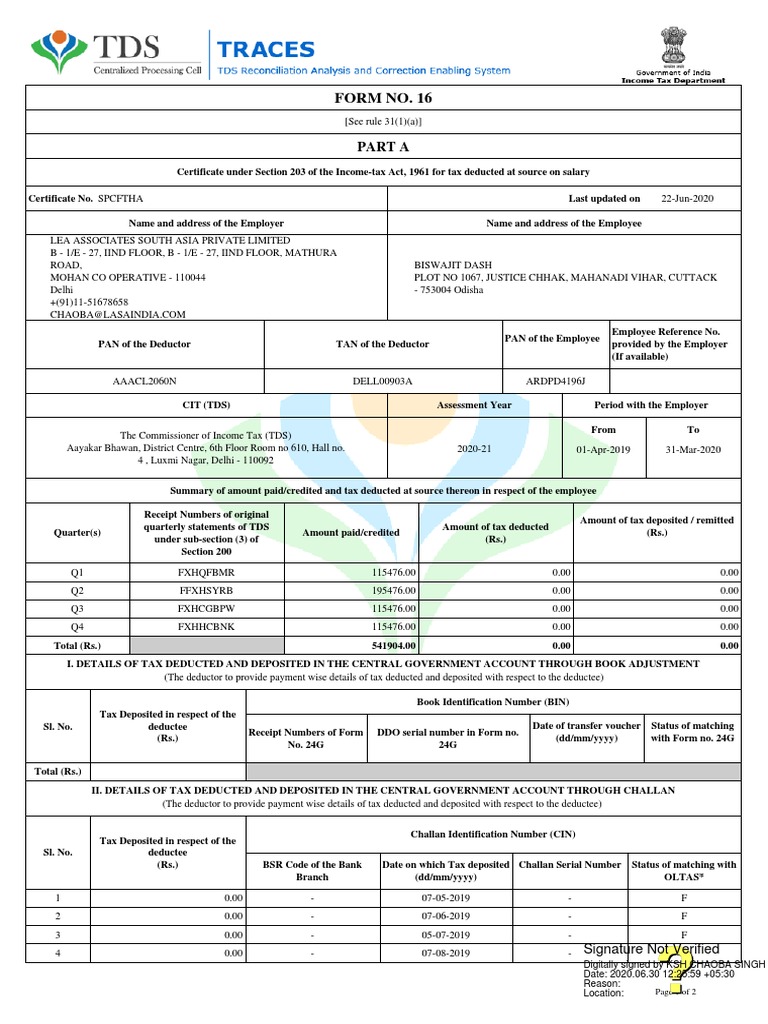 Certificate of Tax Deduction at Source on Salary for Assessment Year ...