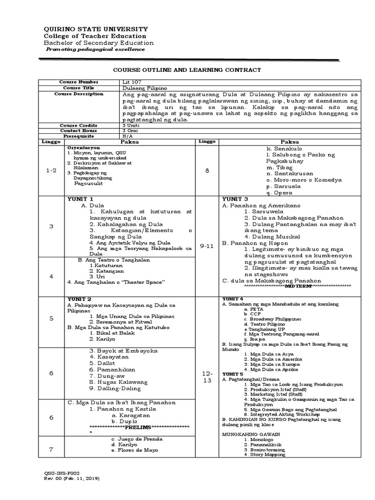 Lit 107 Dulaang Filipino Course Outline | PDF