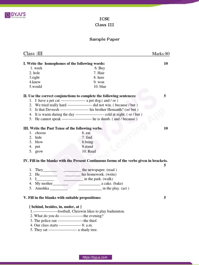 Class 3 English Question Paper Sample | PDF | Syntactic Relationships ...