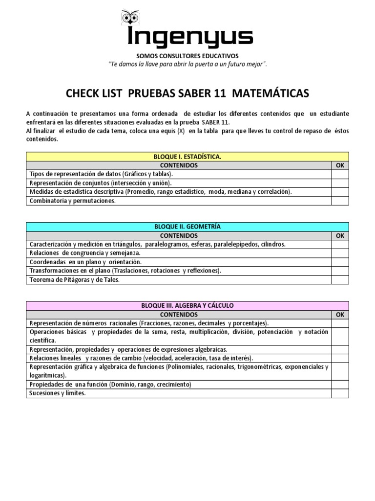 Check List Matemáticas | PDF