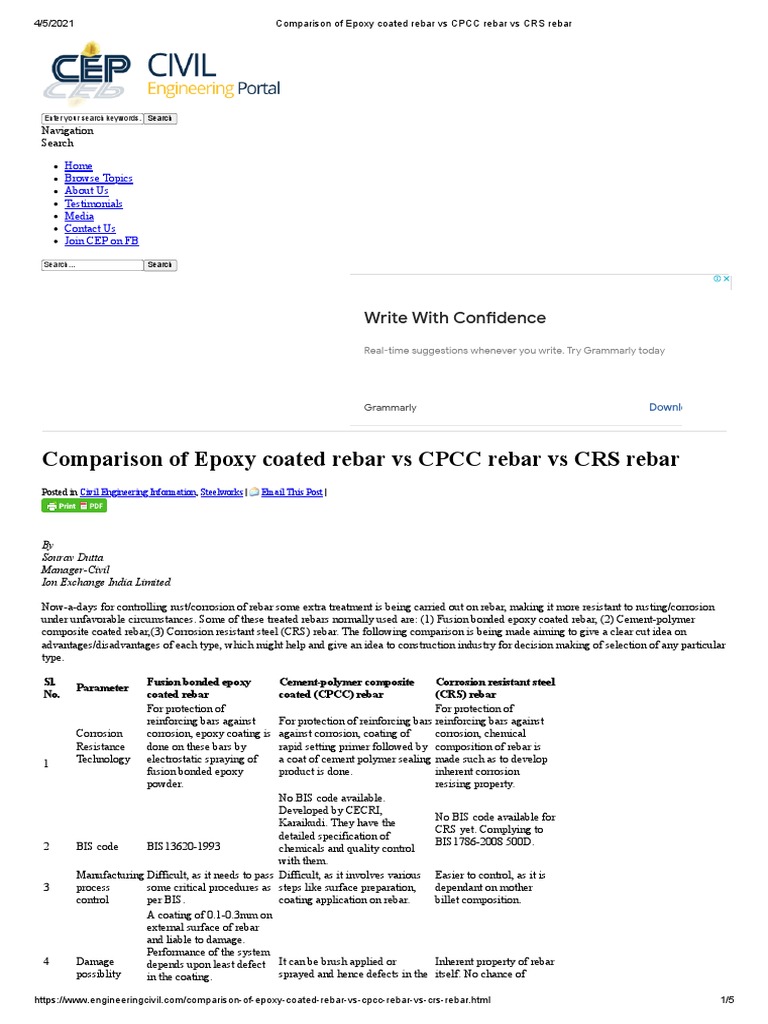 Comparison of Epoxy Coated Rebar Vs CPCC Rebar Vs CRS Rebar | PDF