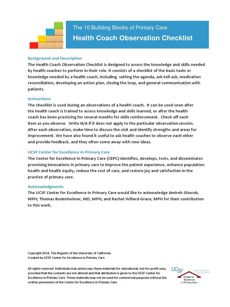 Health Coach Observation Checklist: The 10 Building Blocks of Primary ...