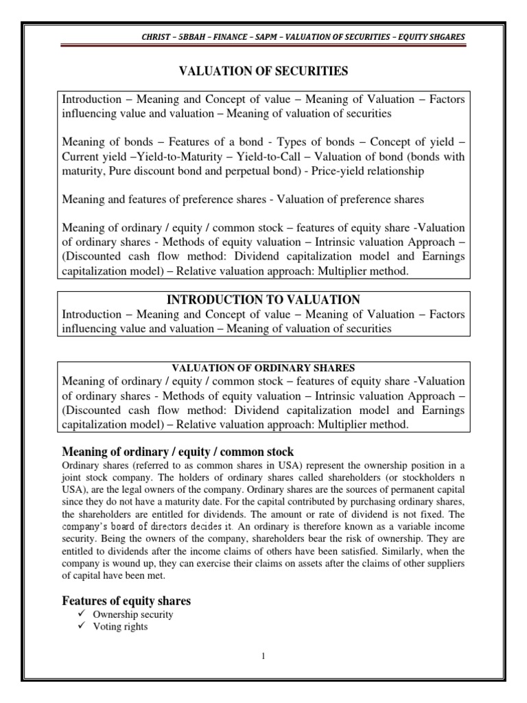 Valuation of Securities: Equity Shares Guide | PDF | Stocks | Valuation ...