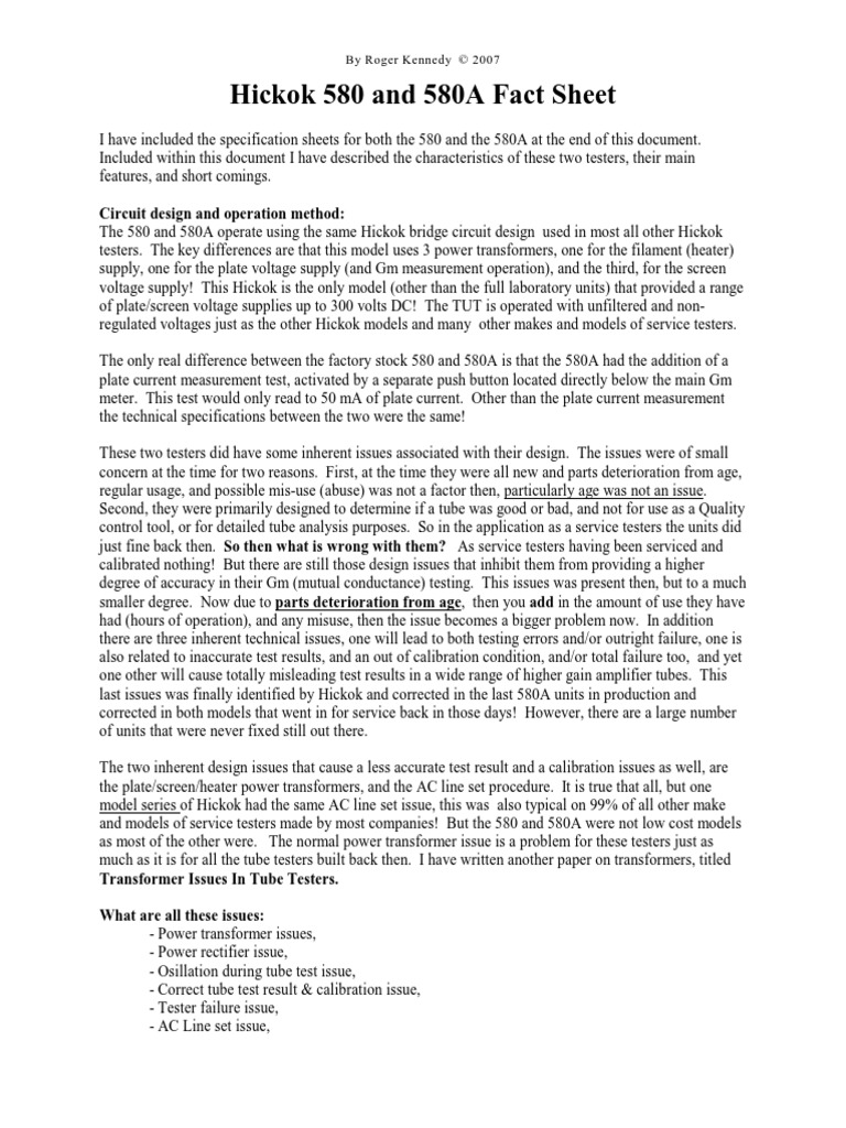 Hickok 580 and 580A Fact Sheet: Circuit Design and Operation Method ...