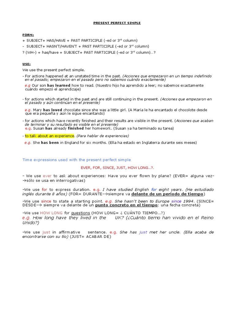 Present Perfect Simple THEORY and Particles | PDF