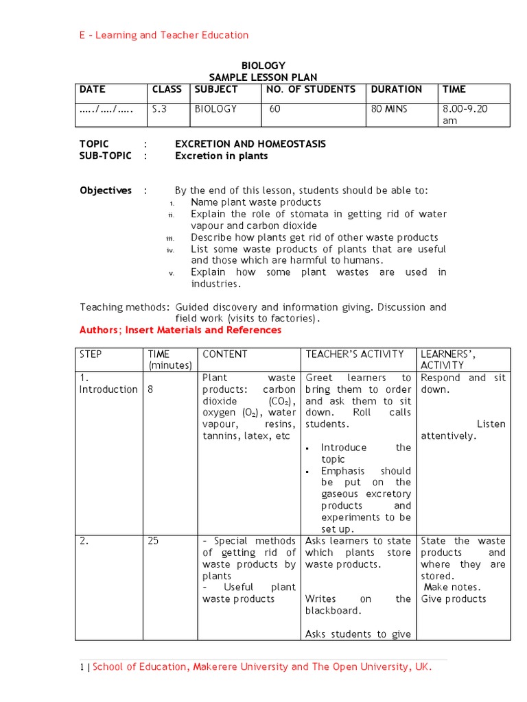 Excretion in Living Things | PDF | Excretion | Lesson Plan