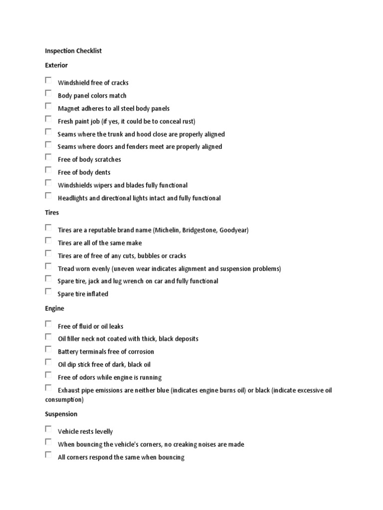 Inspection Checklist Exterior | PDF | Transmission (Mechanics) | Tire