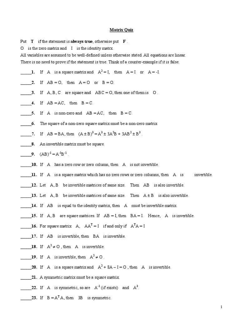 38 - Matrix True False | PDF | Matrix (Mathematics) | Determinant